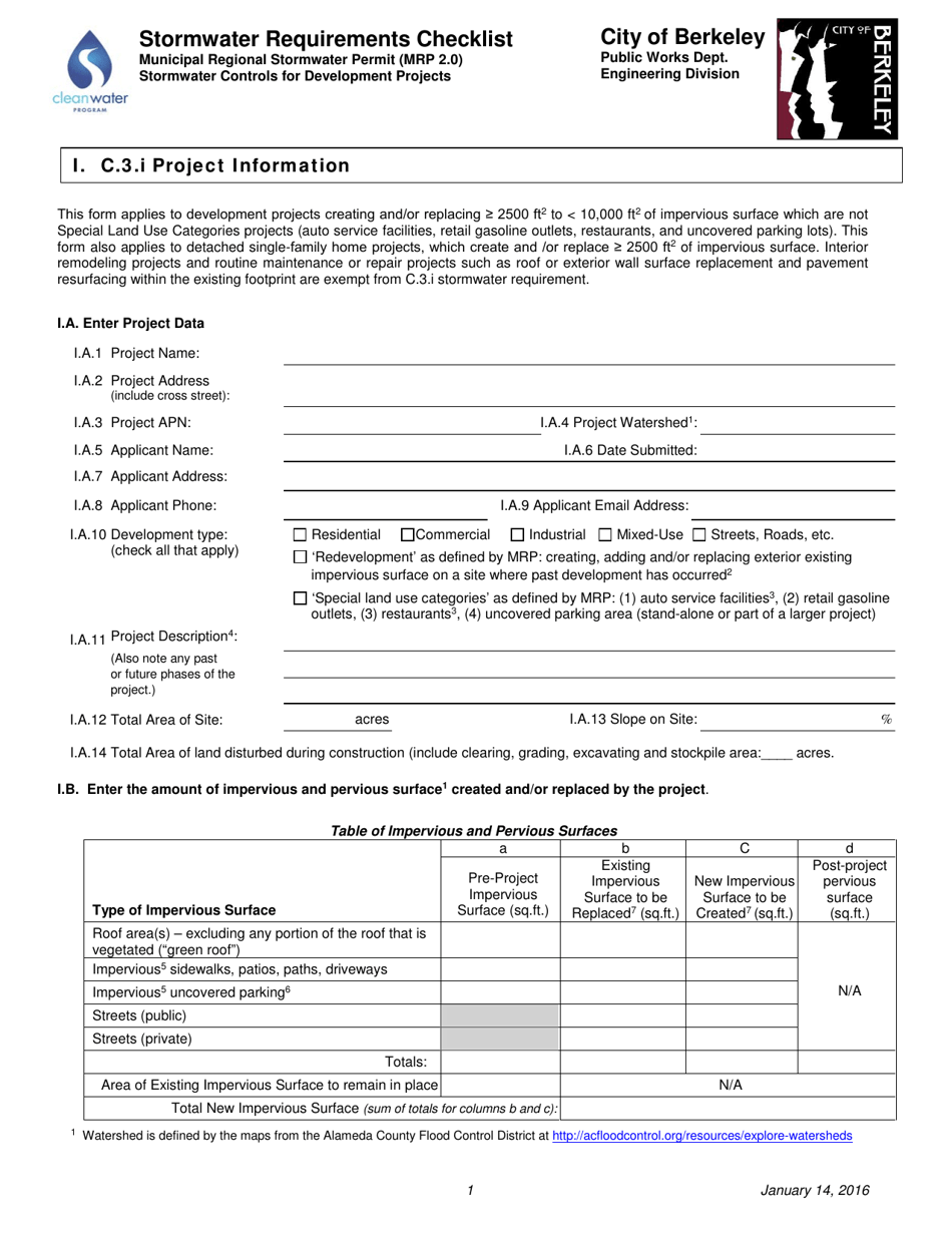 City of Berkeley, California Stormwater Requirements Checklist - C.3.i ...