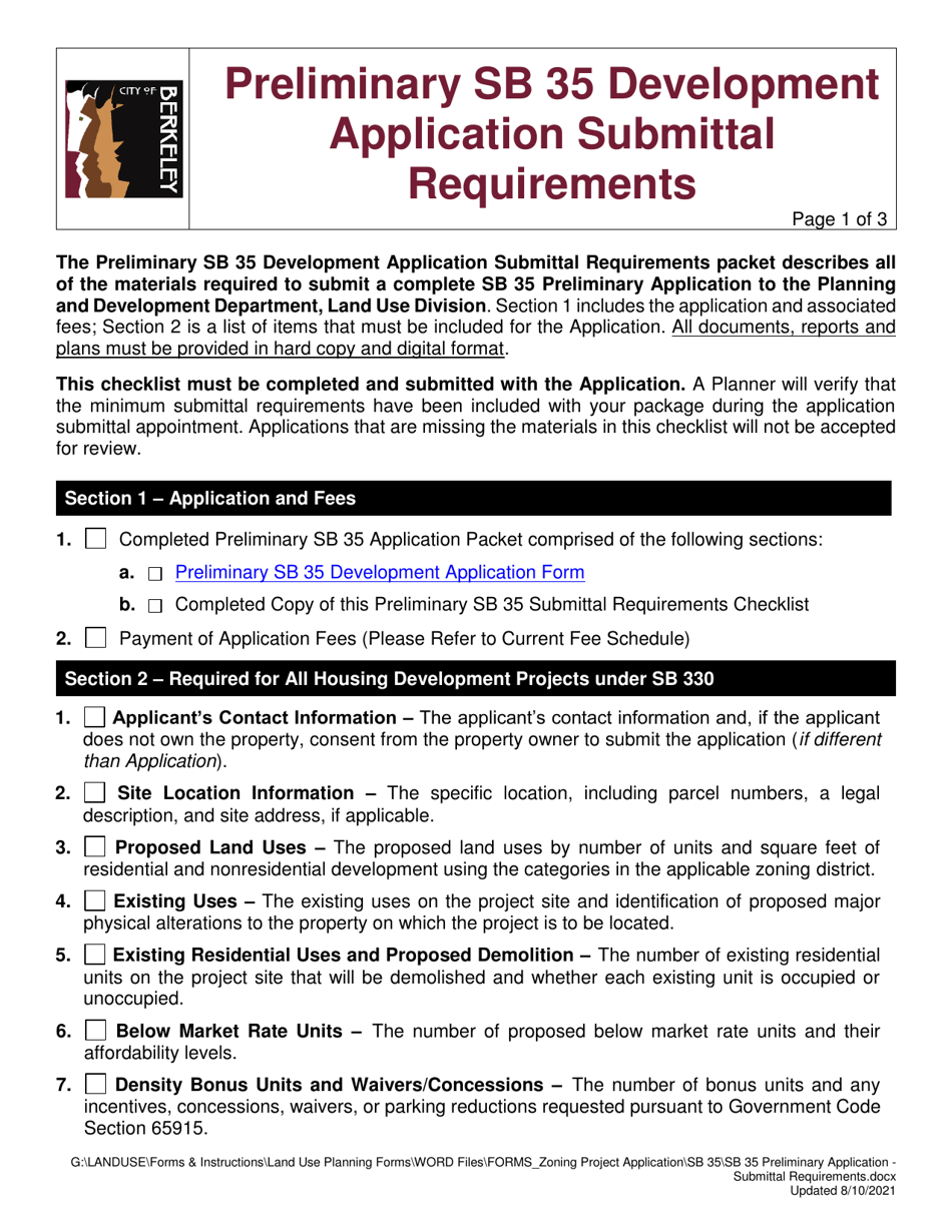 City of Berkeley, California Preliminary Sb 35 Development Application ...