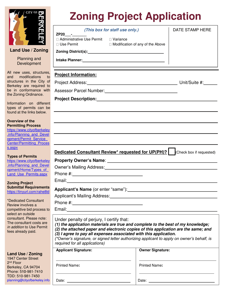 City of Berkeley, California Zoning Project Application - Fill Out ...