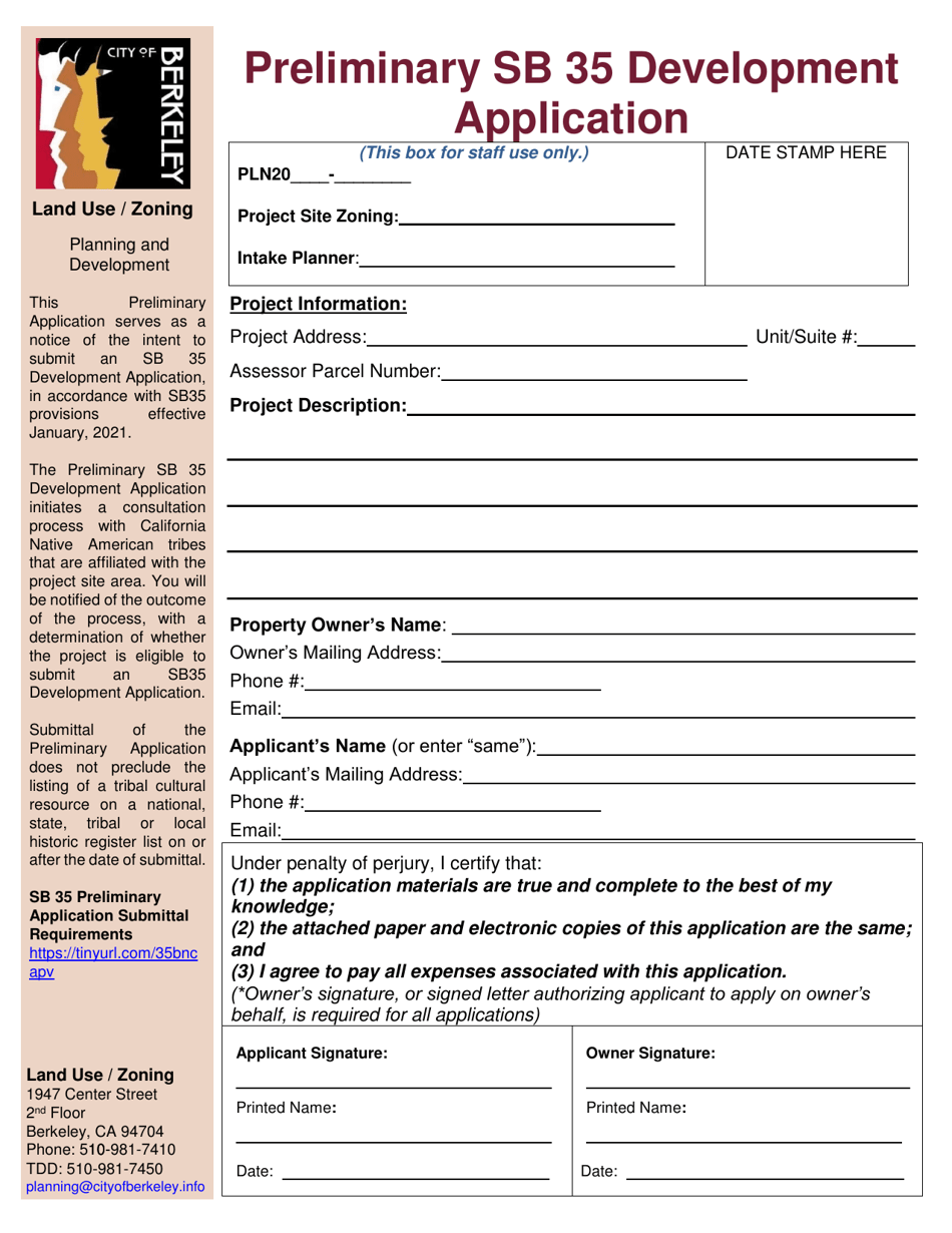 City of Berkeley, California Preliminary Sb 35 Development Project ...