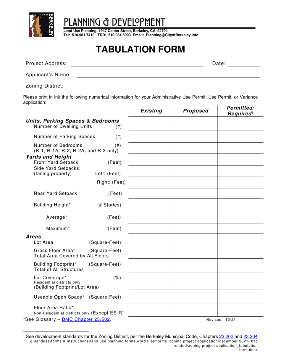 City of Berkeley, California Tabulation Form - Fill Out, Sign Online ...