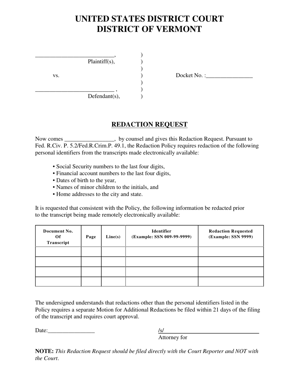 Vermont Redaction Request - Fill Out, Sign Online and Download PDF ...