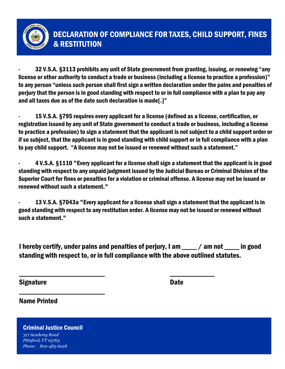 Vermont Declaration of Compliance for Taxes, Child Support, Fines ...