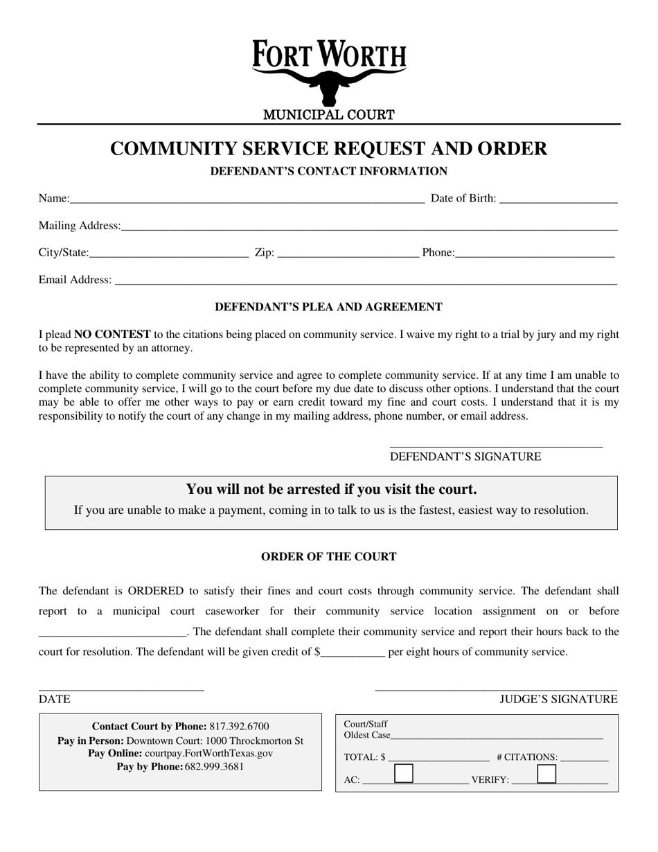 City of Fort Worth, Texas Community Service Request and Order - Fill ...