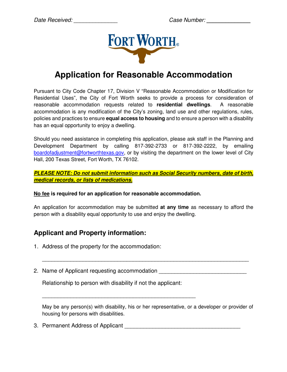 City of Fort Worth, Texas Application for Reasonable Accommodation - Fill Out, Sign Online and ...