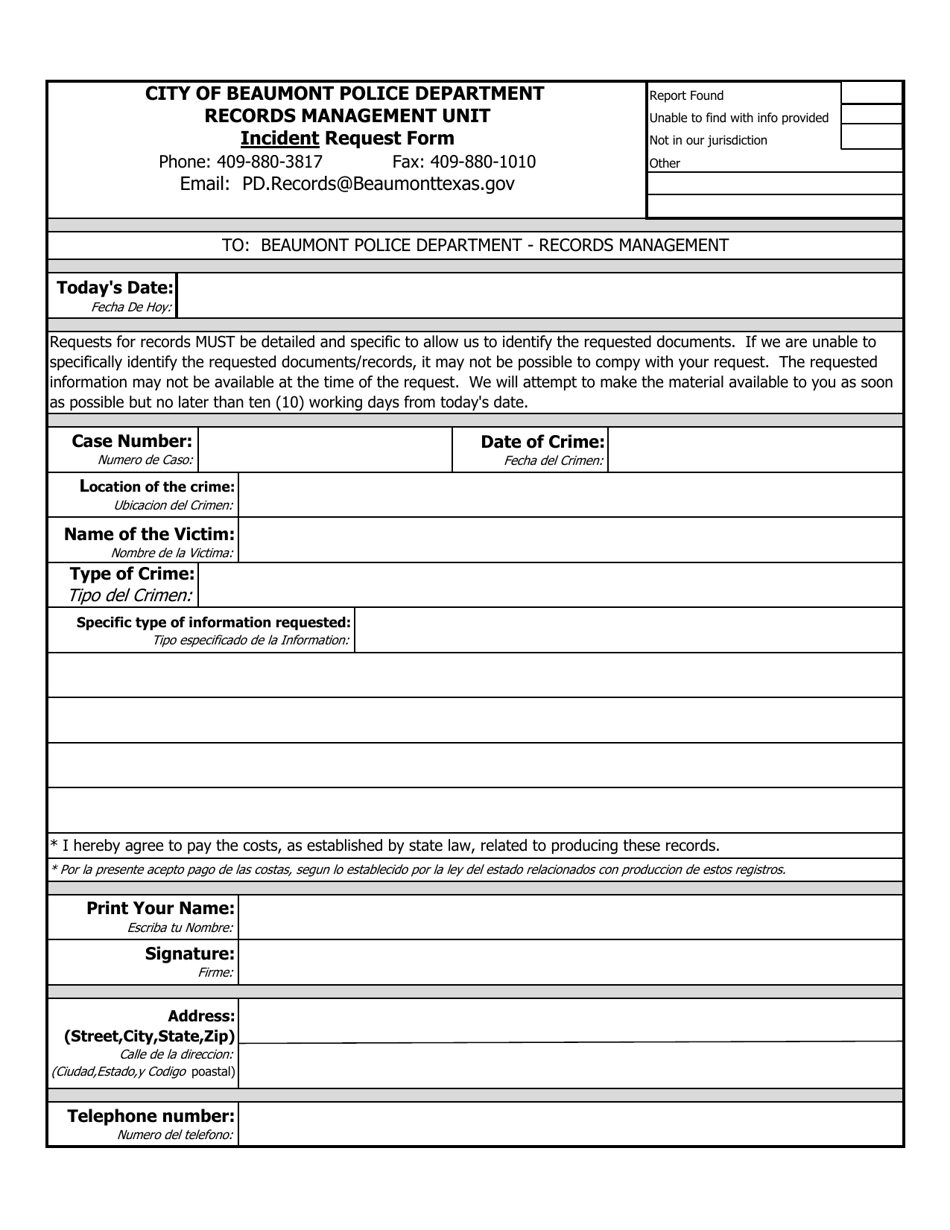 City of Beaumont, Texas Incident Request Form (English/Spanish) - Fill ...