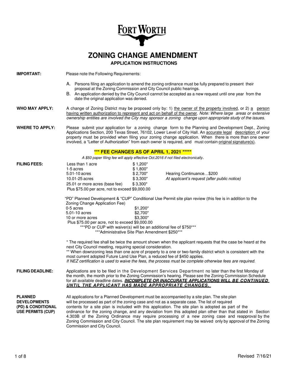 City of Fort Worth, Texas Application to Amend the Zoning Ordinance ...