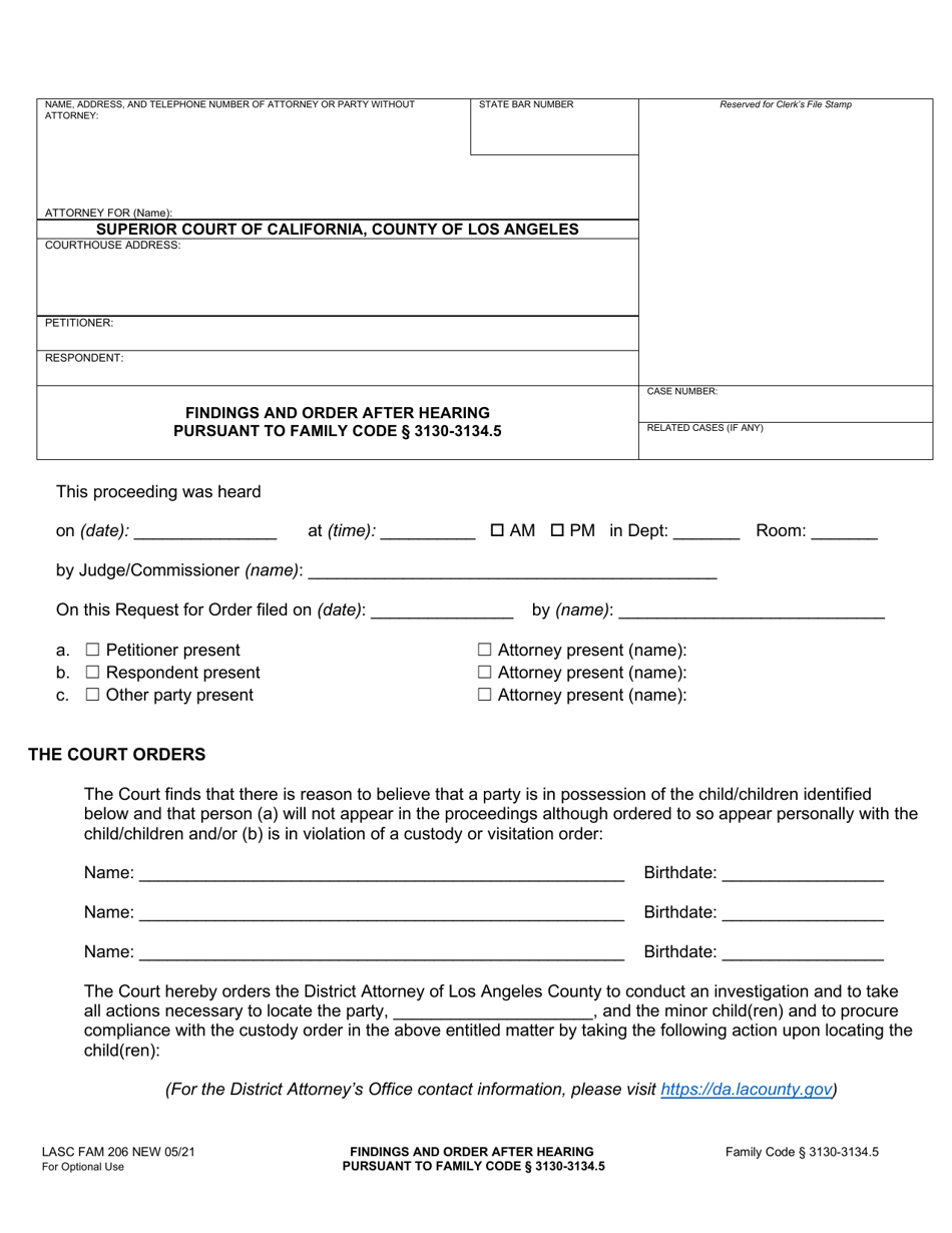 Form FAM206 - Fill Out, Sign Online and Download Fillable PDF, County ...
