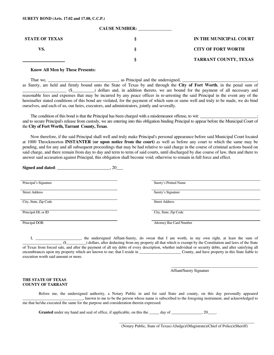 City of Fort Worth, Texas Surety Bond Download Fillable PDF | Templateroller