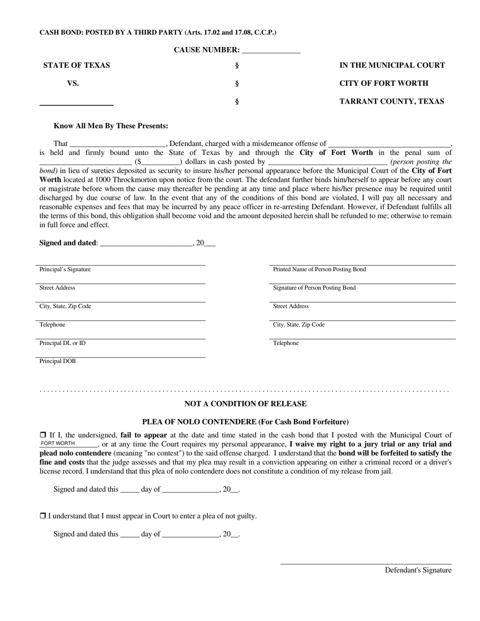 City of Fort Worth, Texas Cash Bond: Posted by a Third Party - Fill Out ...