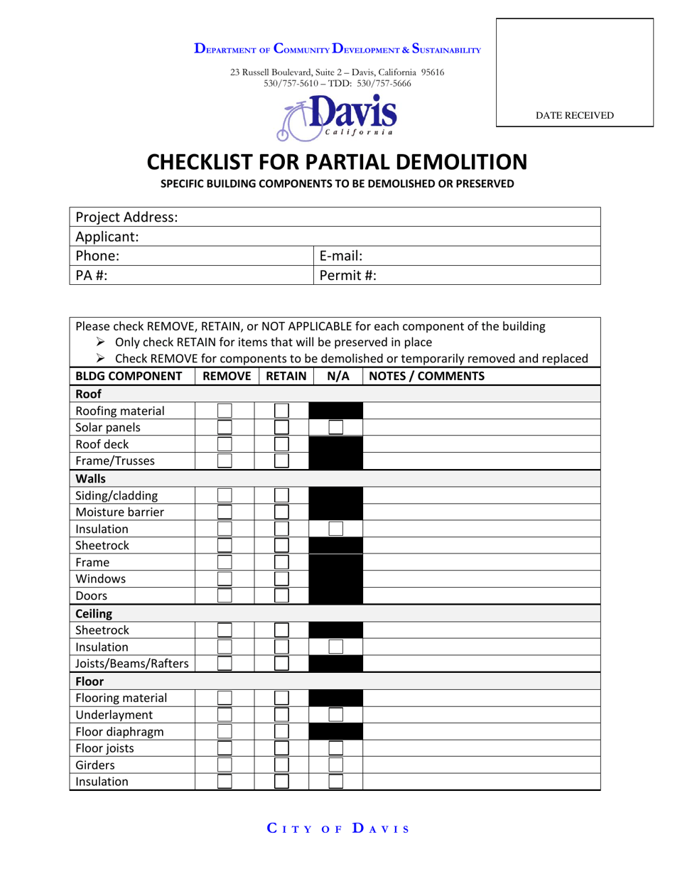 City of Davis, California Checklist for Partial Demolition - Fill Out ...