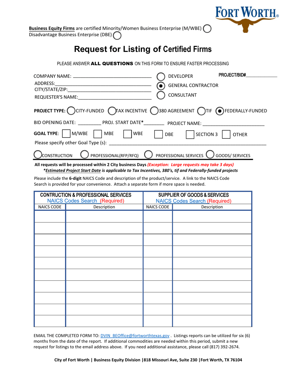 City of Fort Worth, Texas Request for Listing of Certified Firms - Fill ...