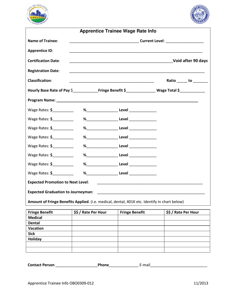 City of Houston, Texas Apprentice Trainee Wage Rate Form - Fill Out ...