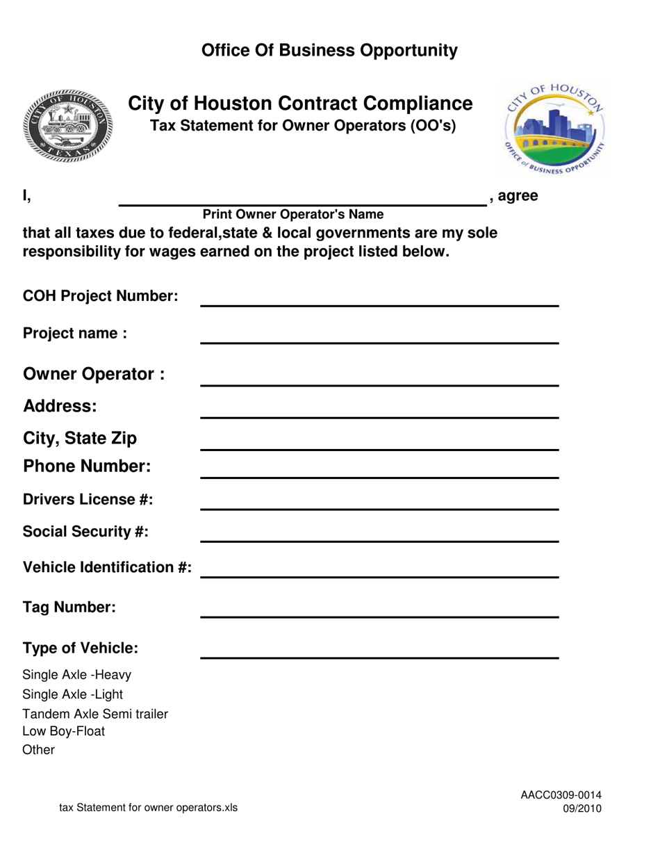 City of Houston, Texas Tax Liability Statement for Owner Operators (Oo ...