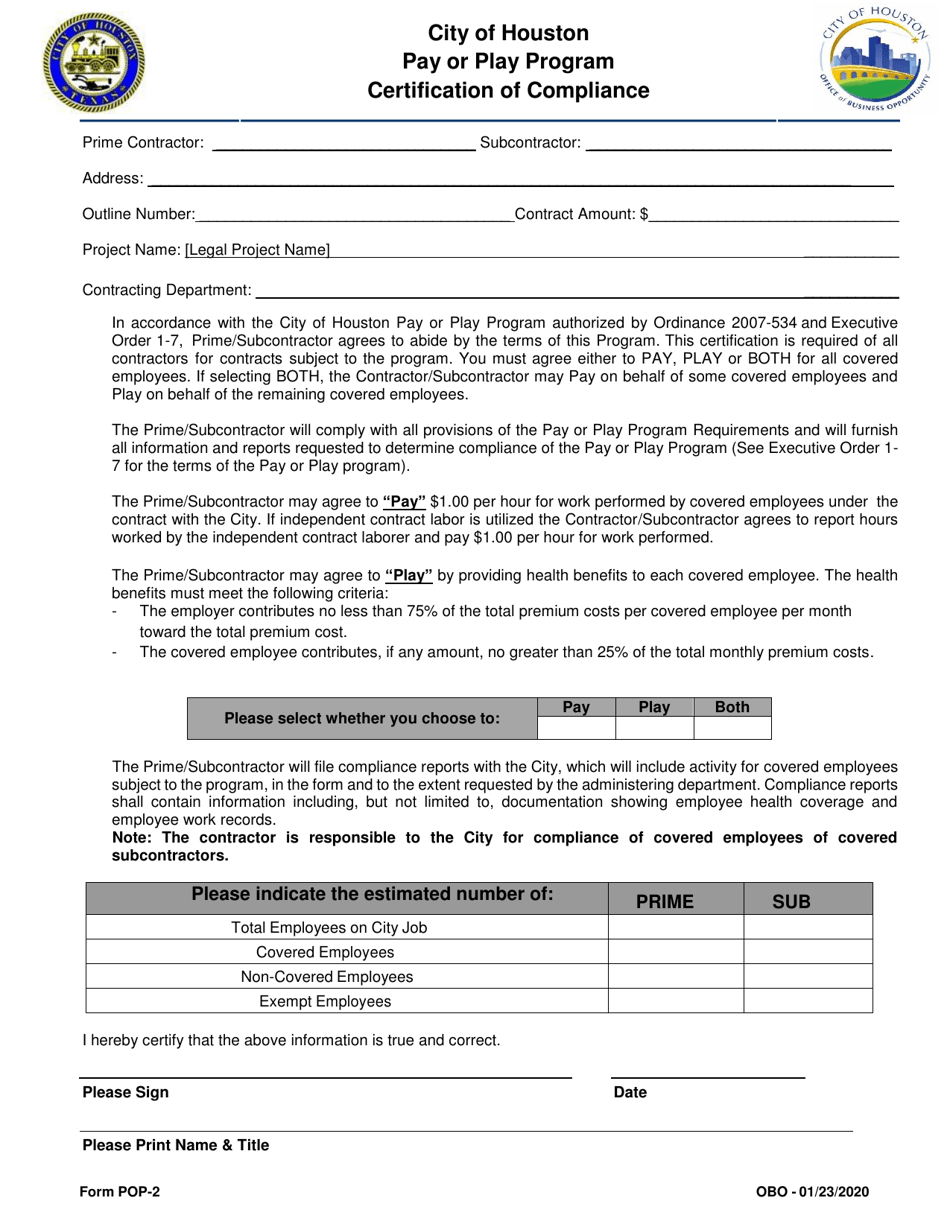 Form POP-2 - Fill Out, Sign Online and Download Printable PDF, City of ...