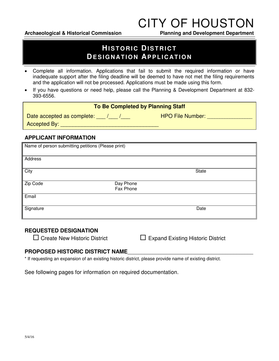 City of Houston, Texas Historic District Designation Application - Fill ...