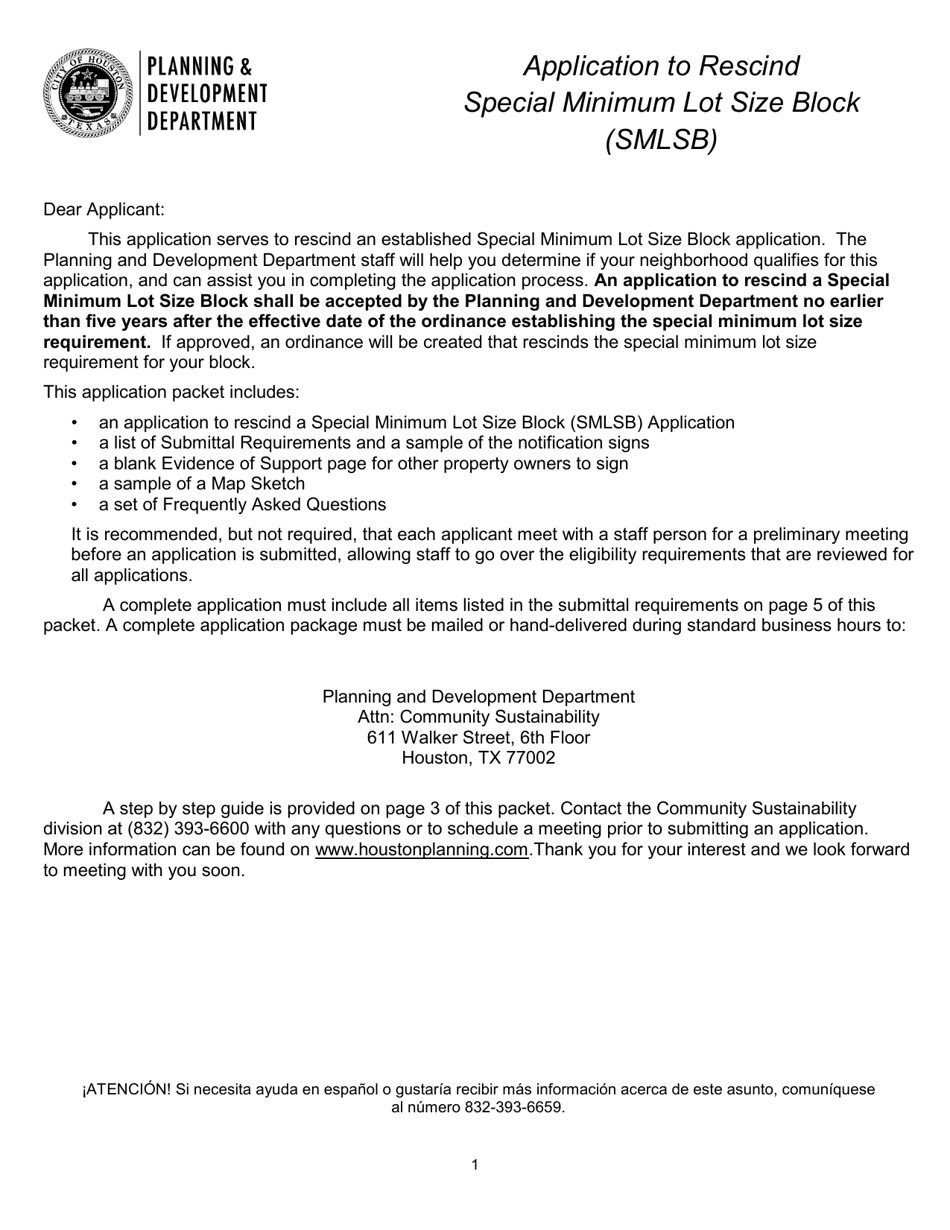 City of Houston, Texas Application to Rescind Special Minimum Lot Size ...