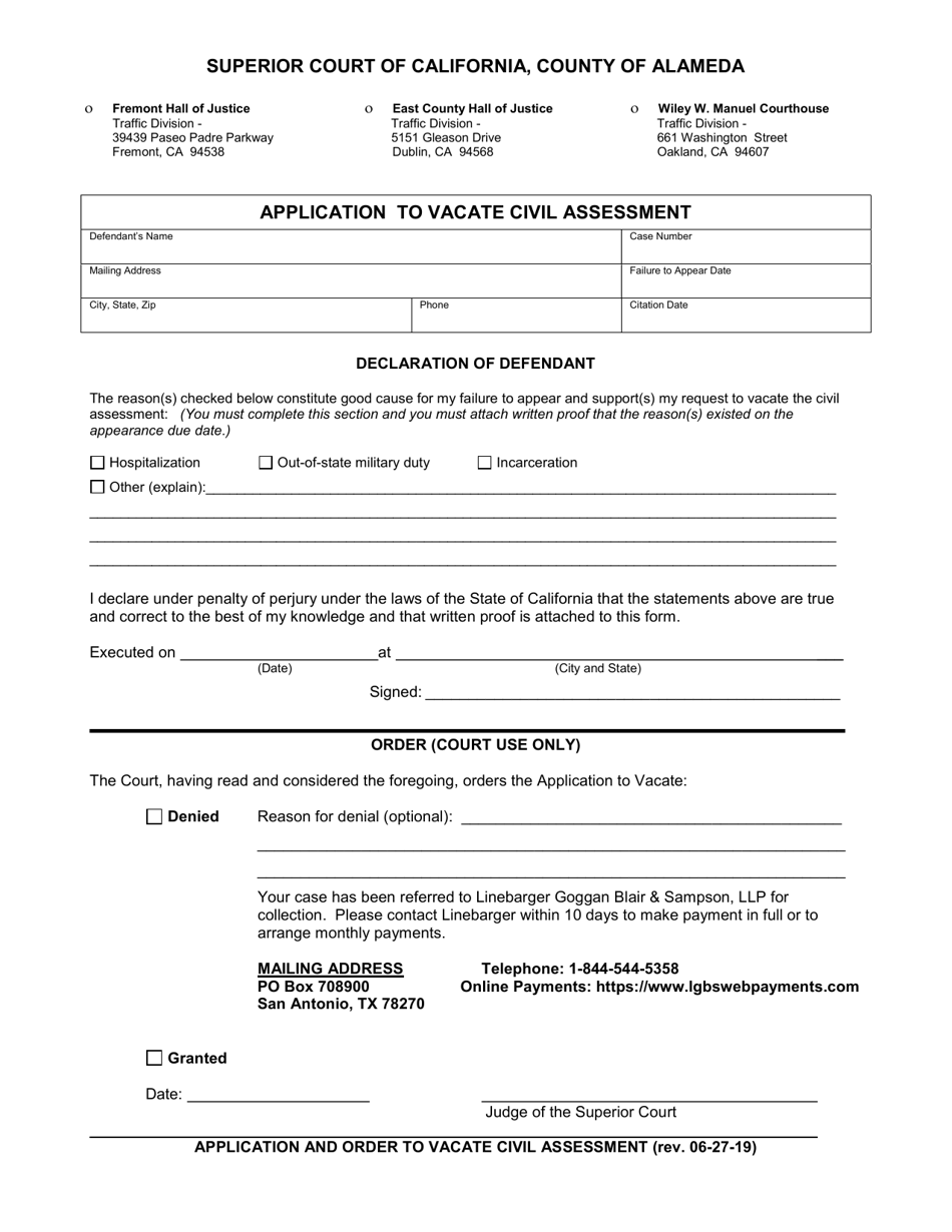 County of Alameda, California Application to Vacate Civil Assessment ...