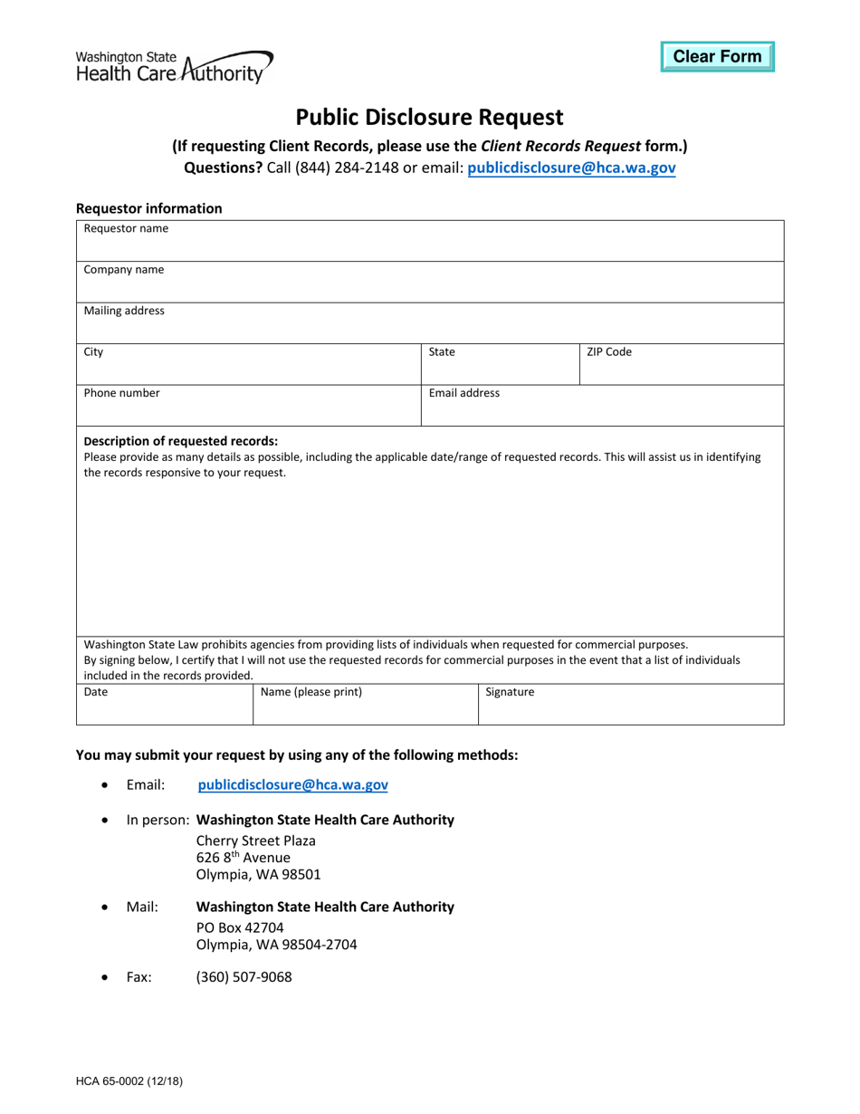 Form HCA65-0002 - Fill Out, Sign Online and Download Fillable PDF ...