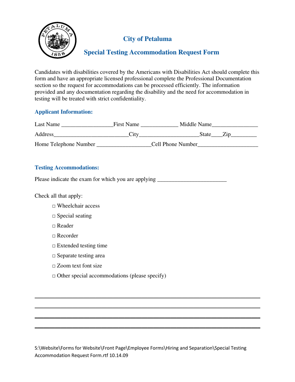 City of Petaluma, California Special Testing Accommodation Request Form ...