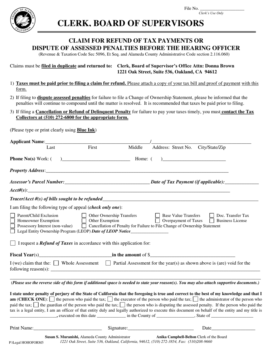 County of Alameda, California Claim for Refund of Tax Payments or ...