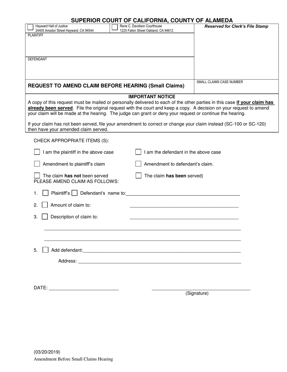 County of Alameda, California Request to Amend Claim Before Hearing ...