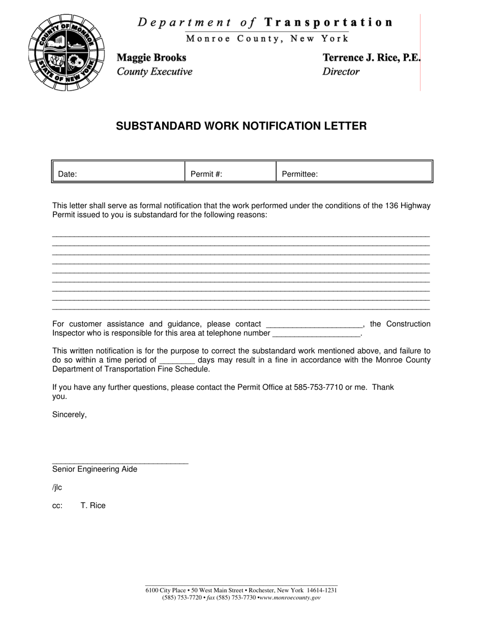 Monroe County, New York Substandard Work Notification Letter - Fill Out ...