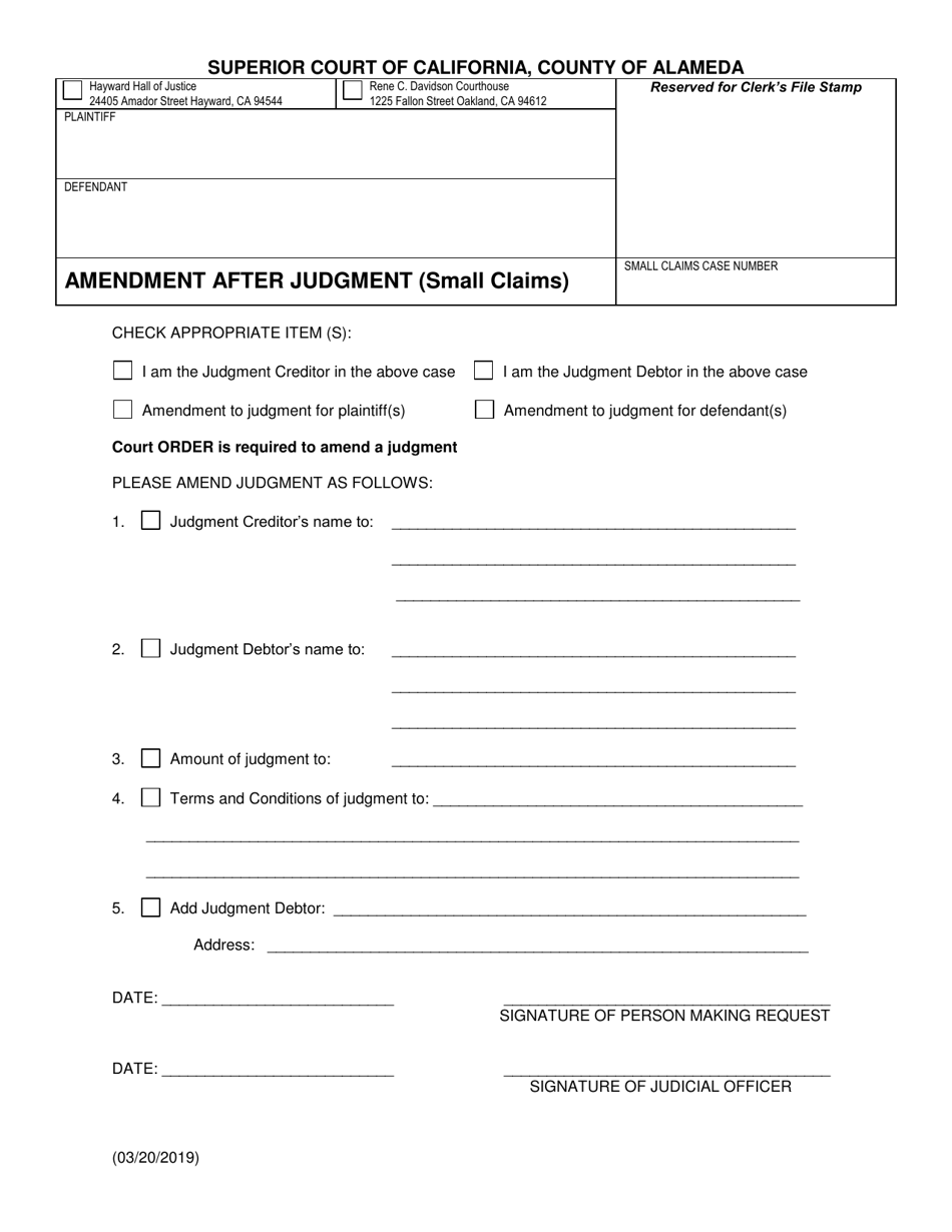 County of Alameda, California Amendment After Small Claims Judgment ...