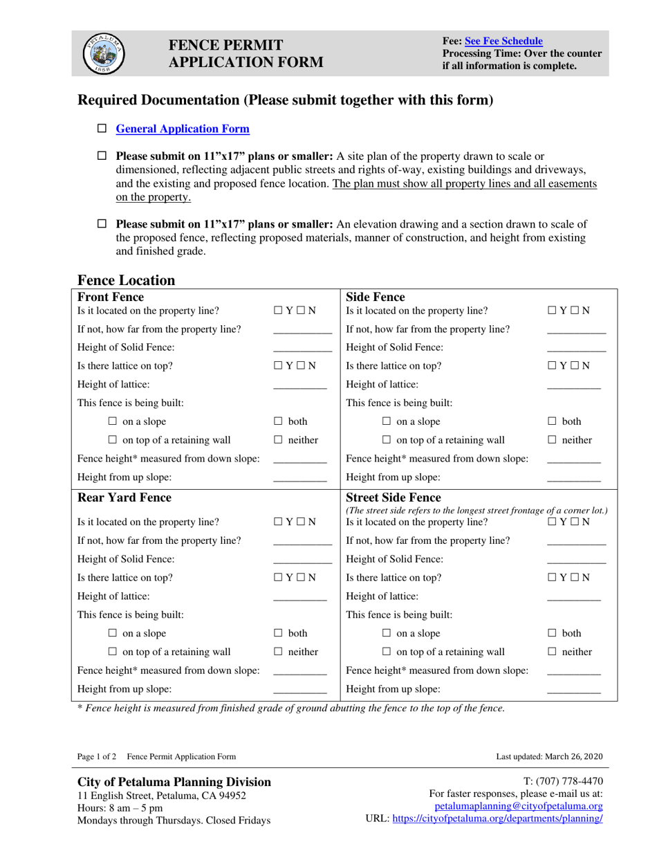 City of Petaluma, California Fence Permit Application Form - Fill Out ...