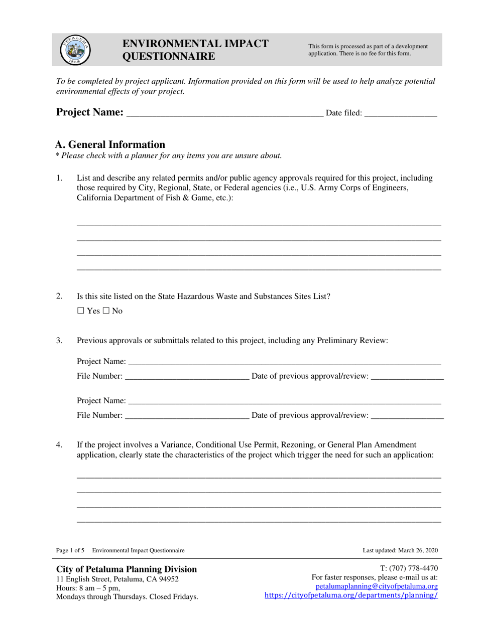 City of Petaluma, California Environmental Impact Questionnaire - Fill ...