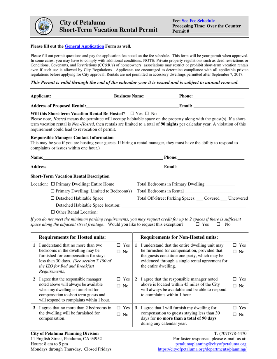 City of Petaluma, California Short-Term Vacation Rental Permit - Fill ...