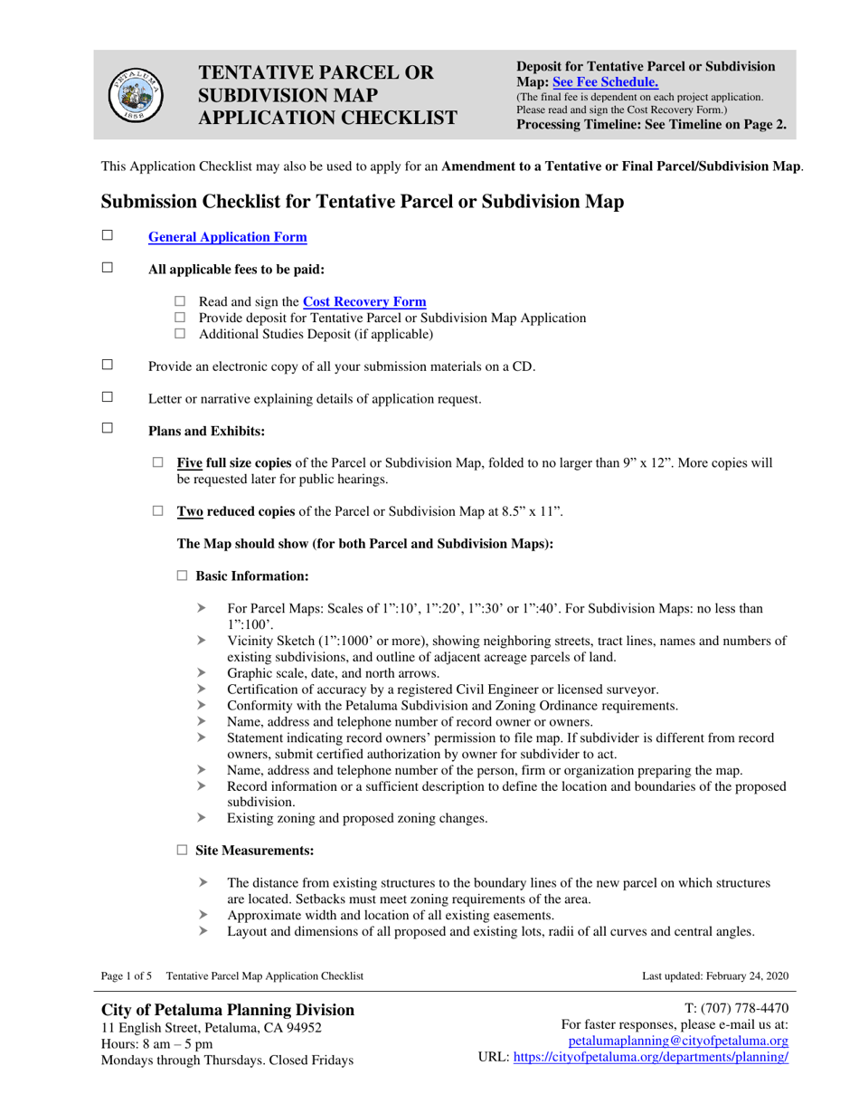City of Petaluma, California Tentative Parcel or Subdivision Map ...