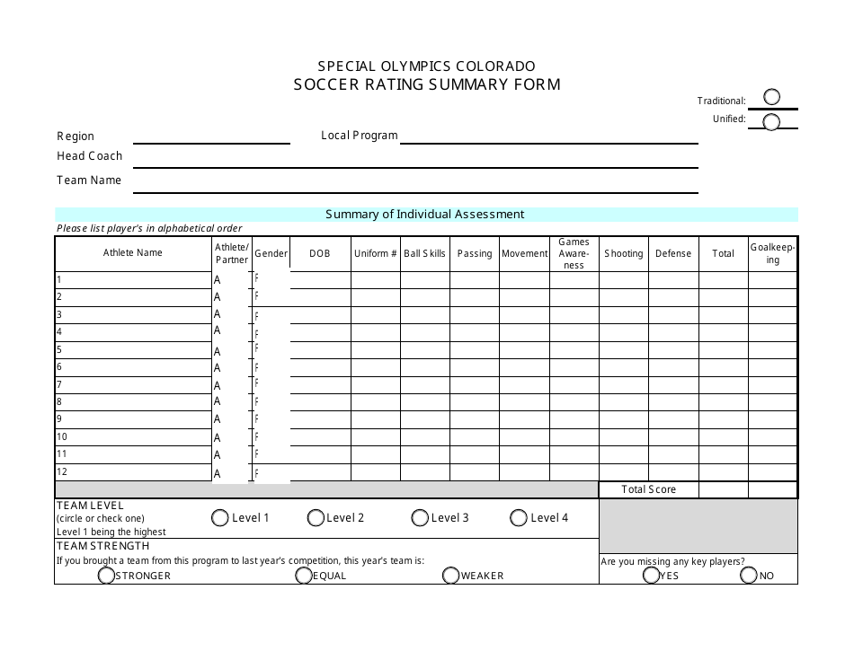Soccer Rating Summary Form - Special Olympics Colorado - Fill Out, Sign ...