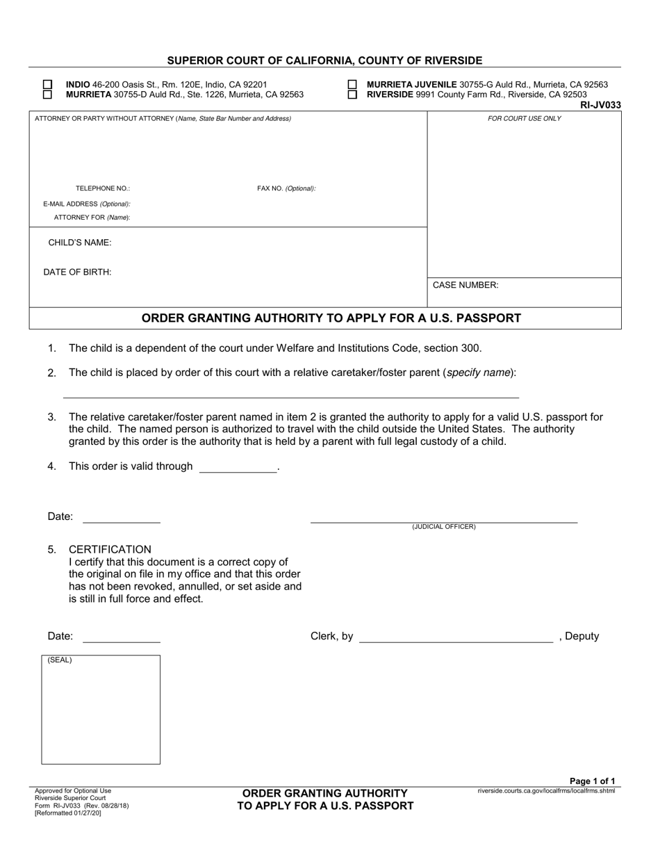 Form RI-JV033 - Fill Out, Sign Online and Download Fillable PDF, County of Riverside, California ...