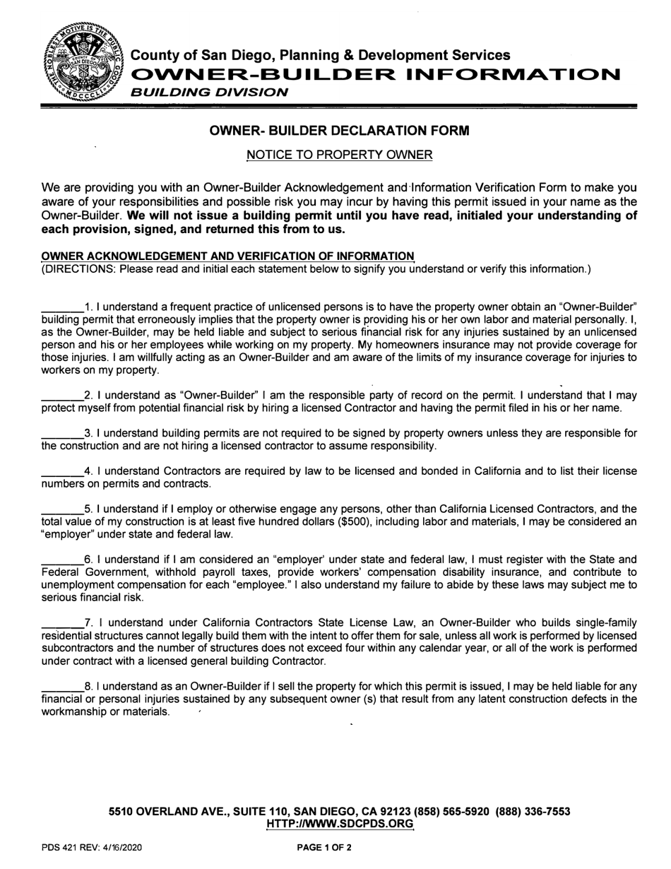 Form PDS421 - Fill Out, Sign Online and Download Fillable PDF, County ...