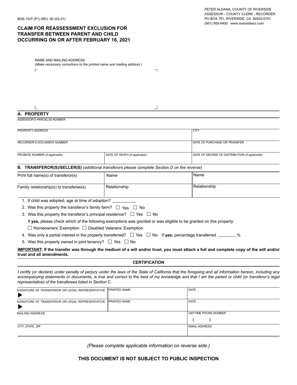 Form BOE-19-P - Fill Out, Sign Online and Download Fillable PDF, County ...