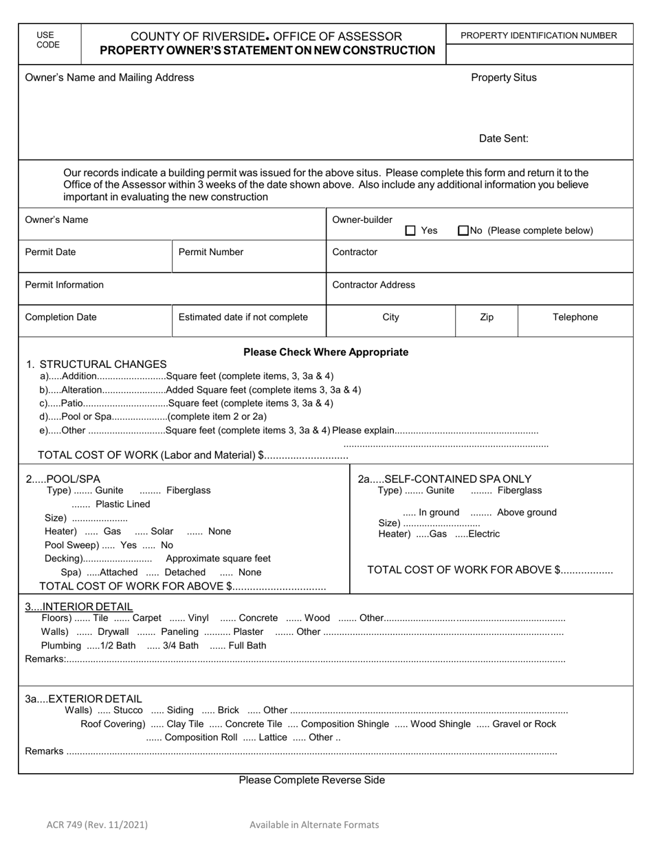 Form ACR749 - Fill Out, Sign Online and Download Fillable PDF, County ...