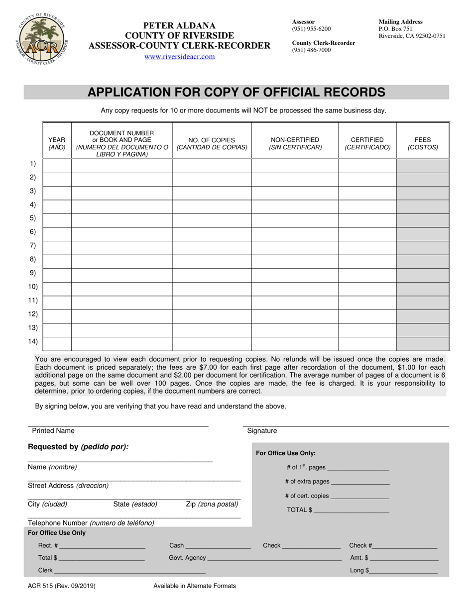 Form ACR515 - Fill Out, Sign Online and Download Fillable PDF, County ...
