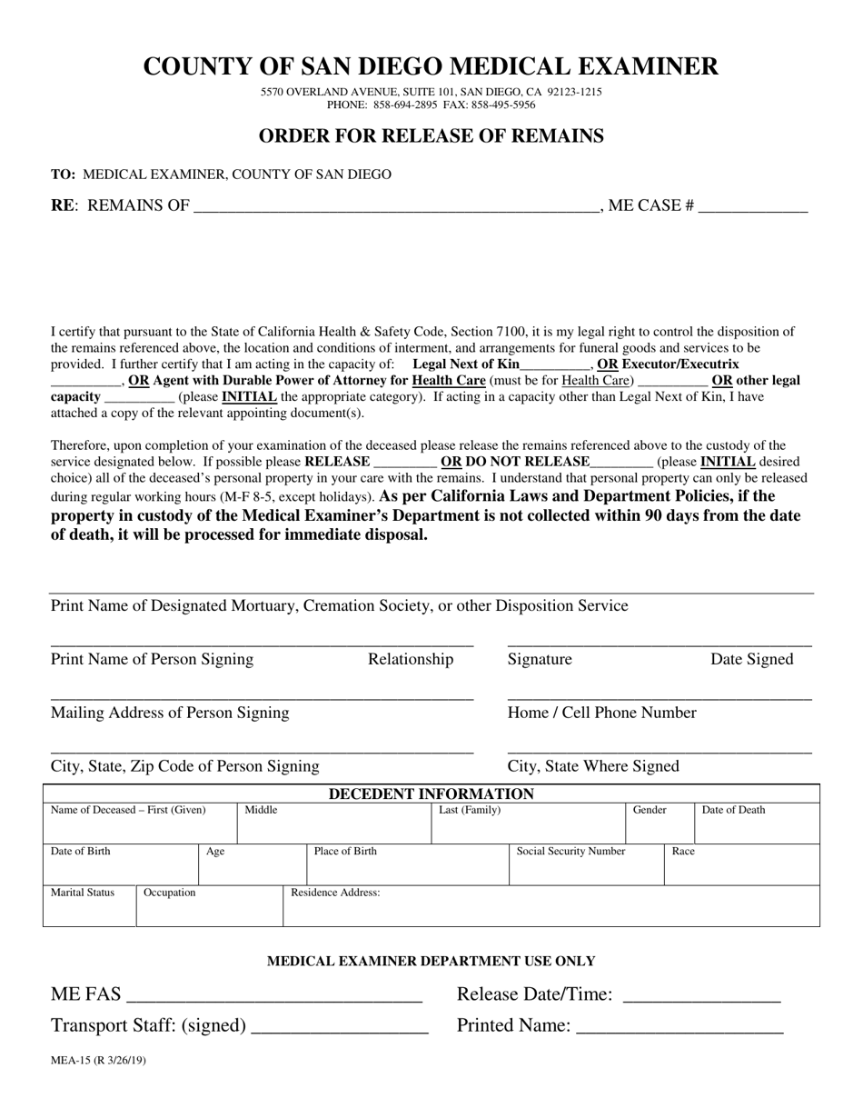 Form MEA-15 - Fill Out, Sign Online and Download Printable PDF, County ...