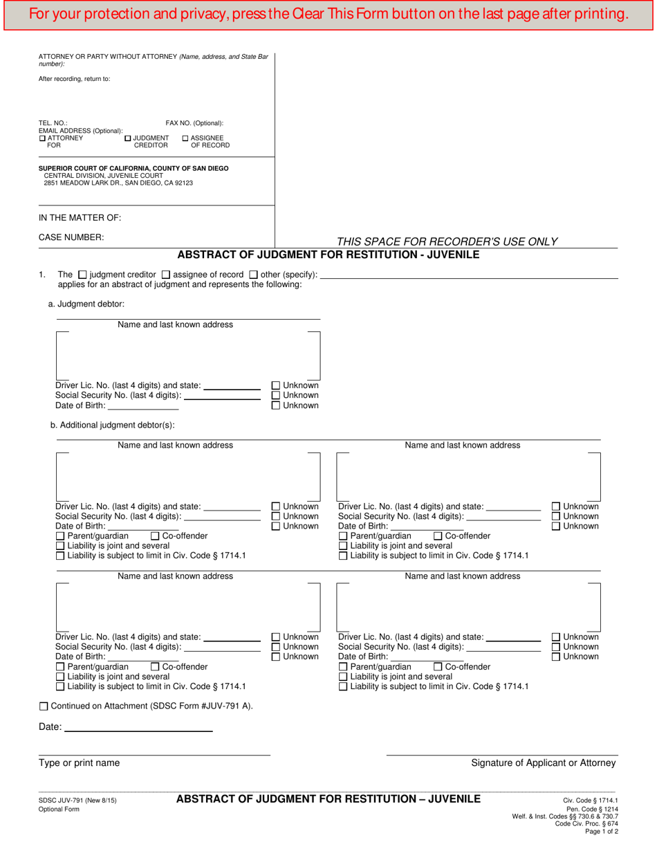 Form JUV-791 - Fill Out, Sign Online and Download Fillable PDF, County ...