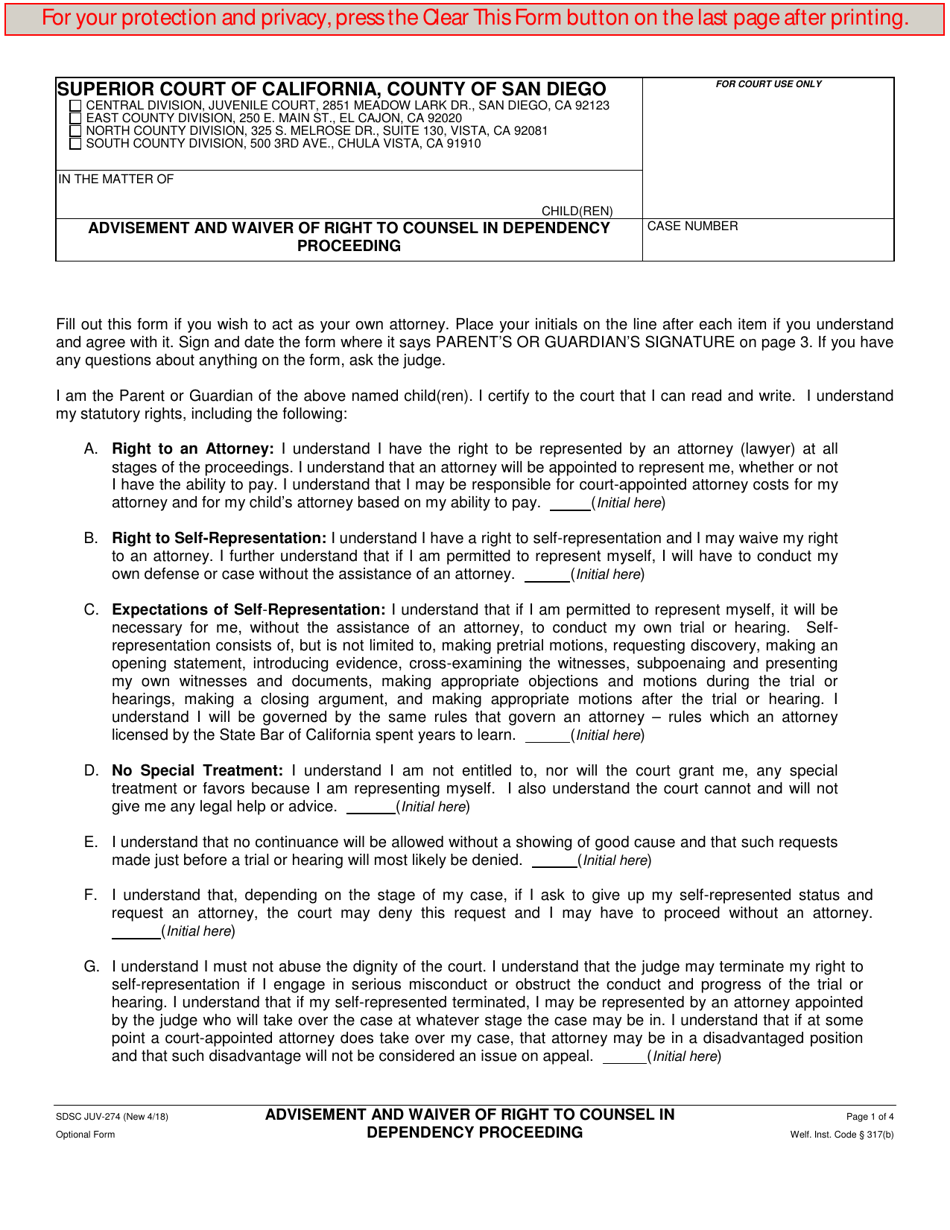 Form JUV-274 - Fill Out, Sign Online and Download Fillable PDF, County ...