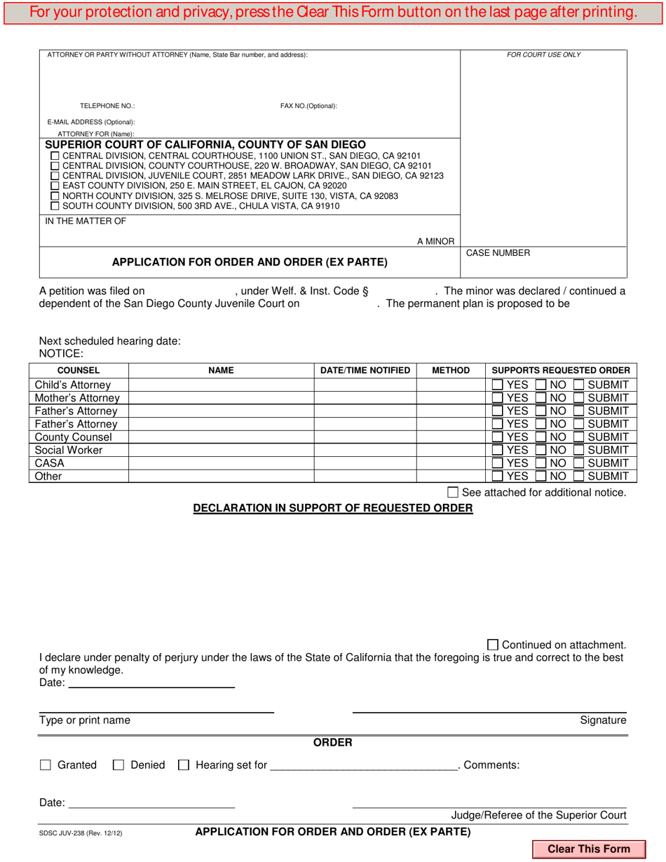 Form JUV-238 Download Fillable PDF or Fill Online Application for Order ...