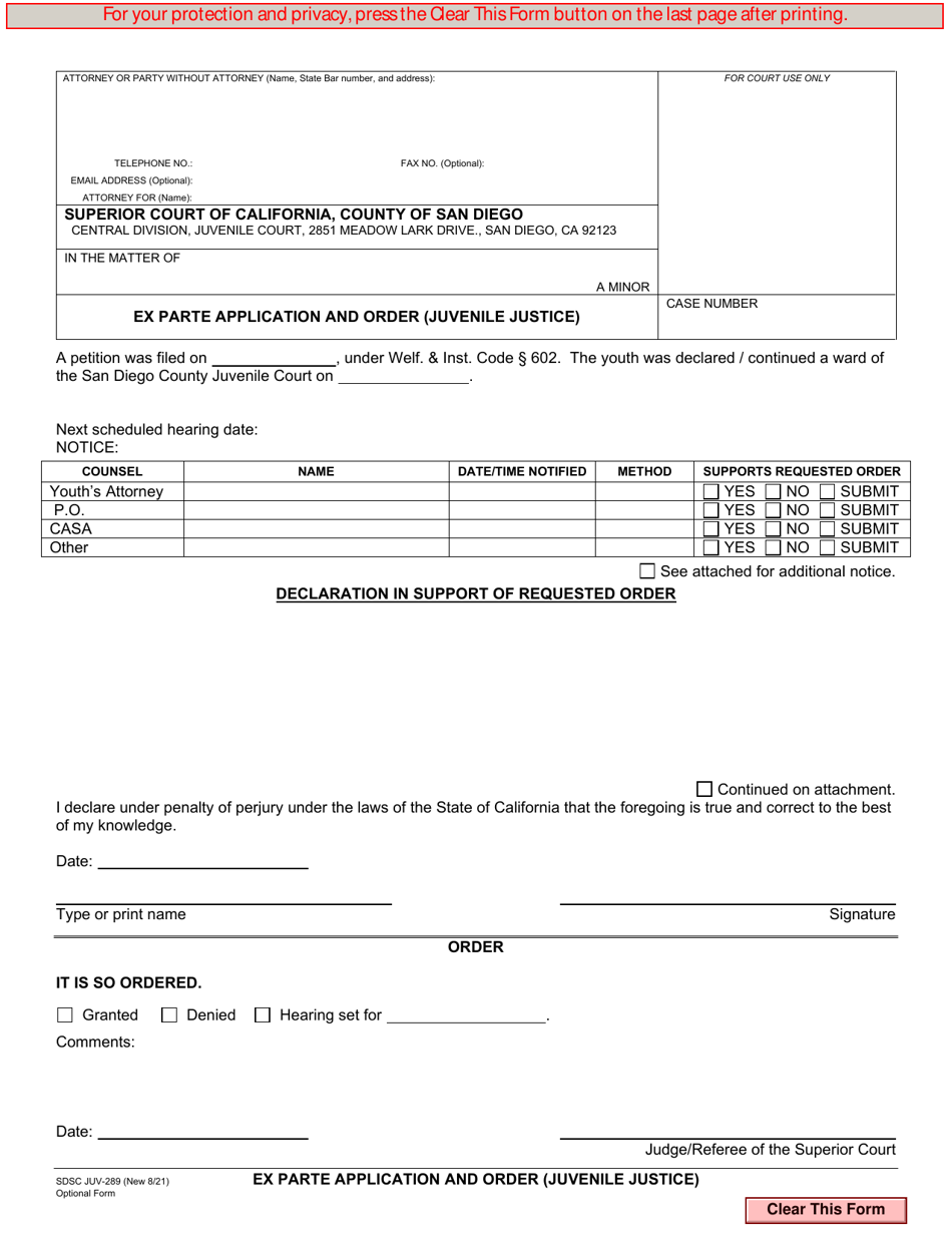 Form JUV-289 - Fill Out, Sign Online and Download Fillable PDF, County ...