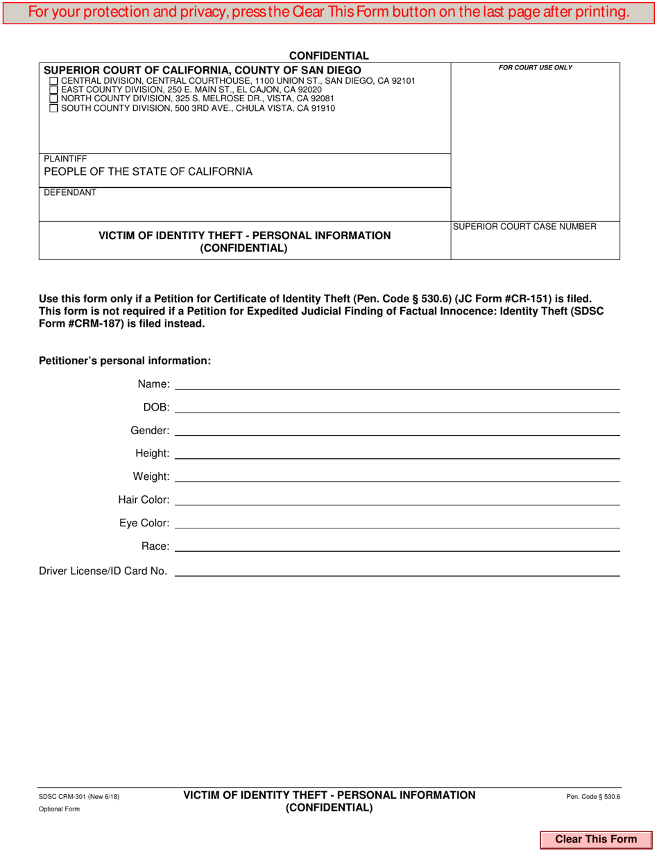 Form CRM-301 - Fill Out, Sign Online and Download Fillable PDF, County ...