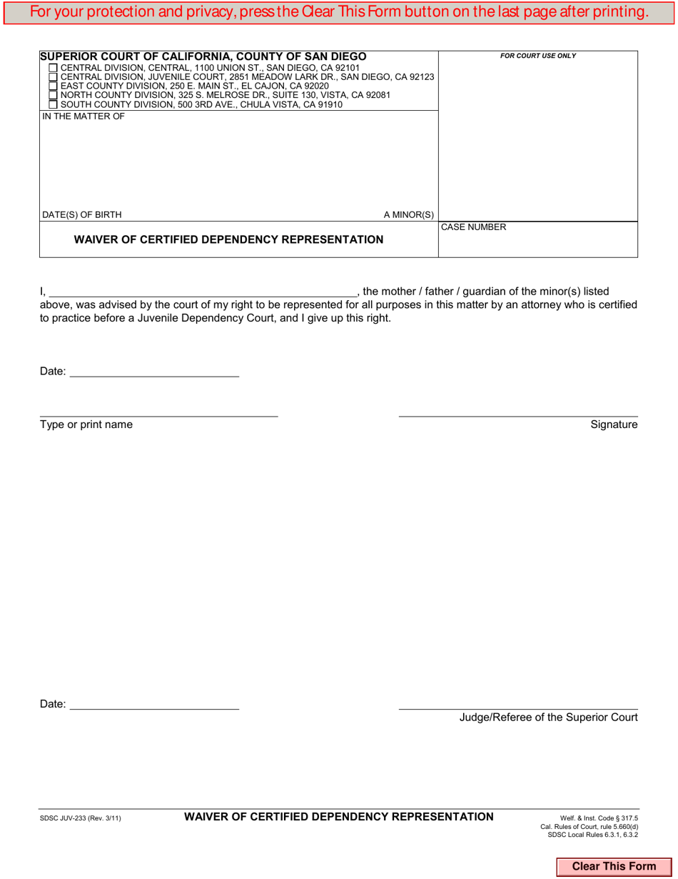 Form JUV-233 - Fill Out, Sign Online and Download Fillable PDF, County ...