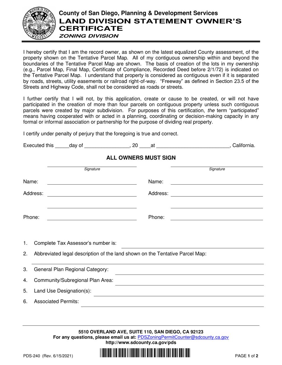 Form PDS-240 - Fill Out, Sign Online and Download Fillable PDF, San ...