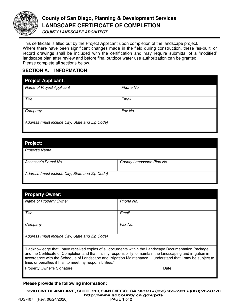 Form PDS-407 Download Fillable PDF or Fill Online Landscape Certificate of Completion, County of ...