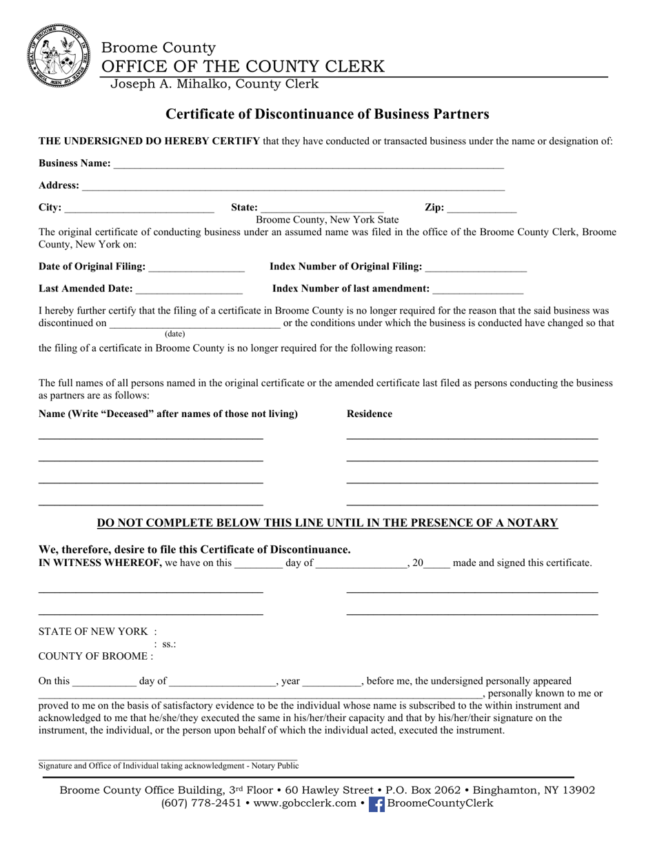 Broome County, New York Certificate of Discontinuance of Business ...