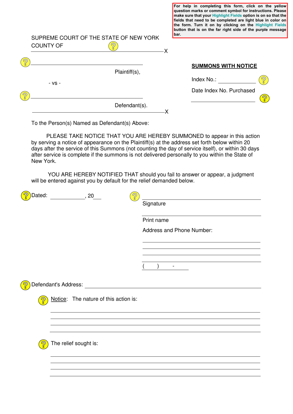 New York Summons With Notice - Fill Out, Sign Online and Download PDF ...