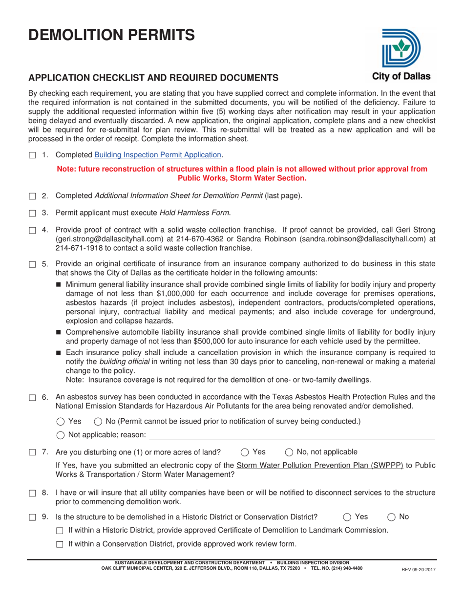 City of Dallas, Texas Demolition Permit Checklist - Fill Out, Sign ...